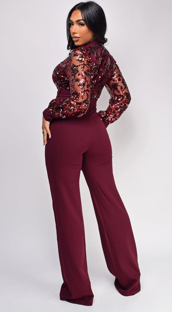Eve Wine Red Sequin Jumpsuit – Emprada