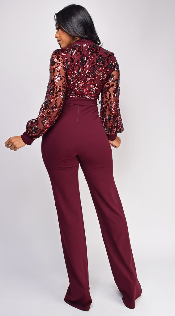 Eve Wine Red Sequin Jumpsuit – Emprada