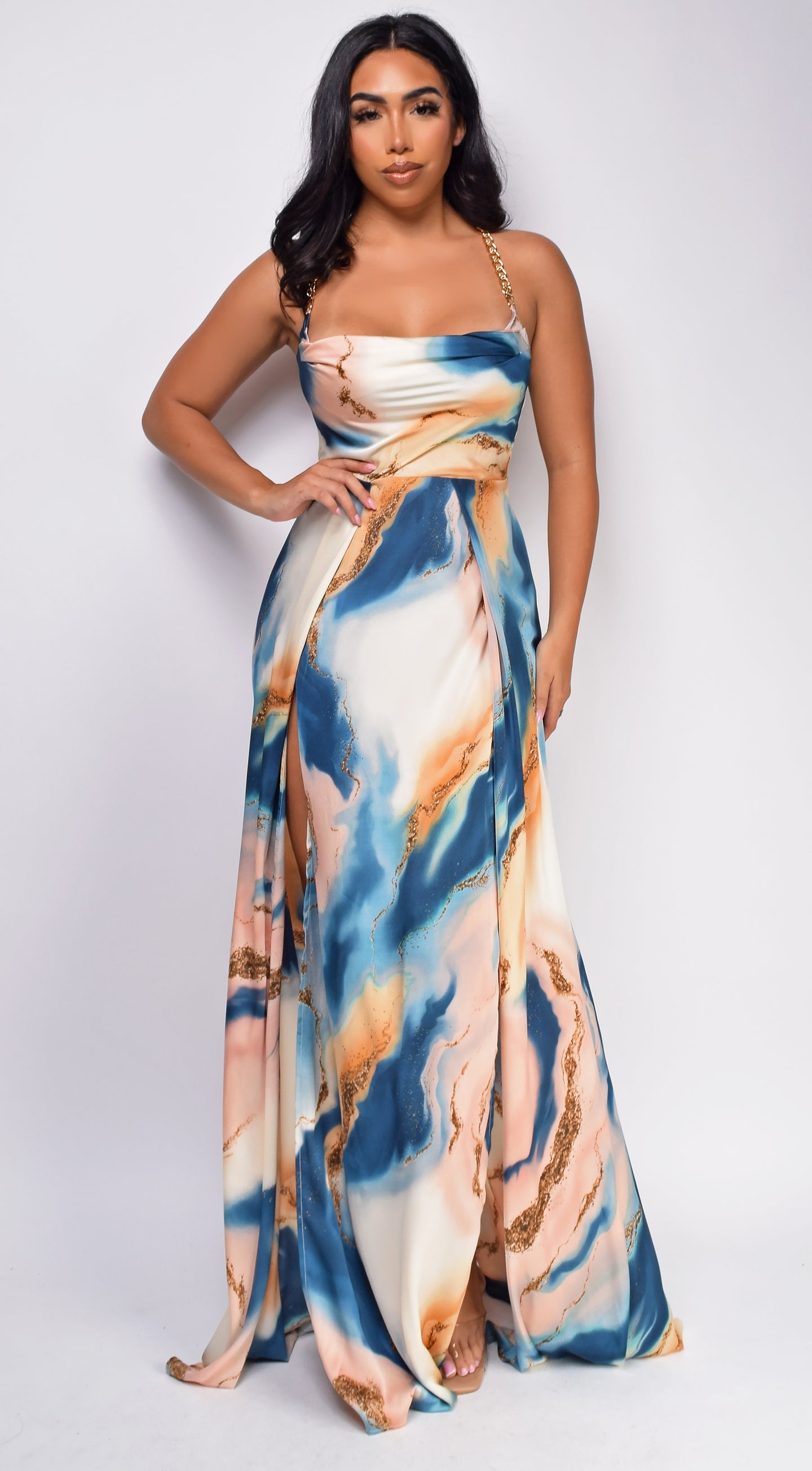 Stacci Beige Blue Marble Maxi Dress | Emprada